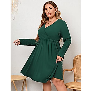 KOJOOIN Women's Plus Size V Neck A-Line Knee Length Wrap Swing Dresses Casual Loose Party Mini Dress with Pockets (Dark Green, 5XL)