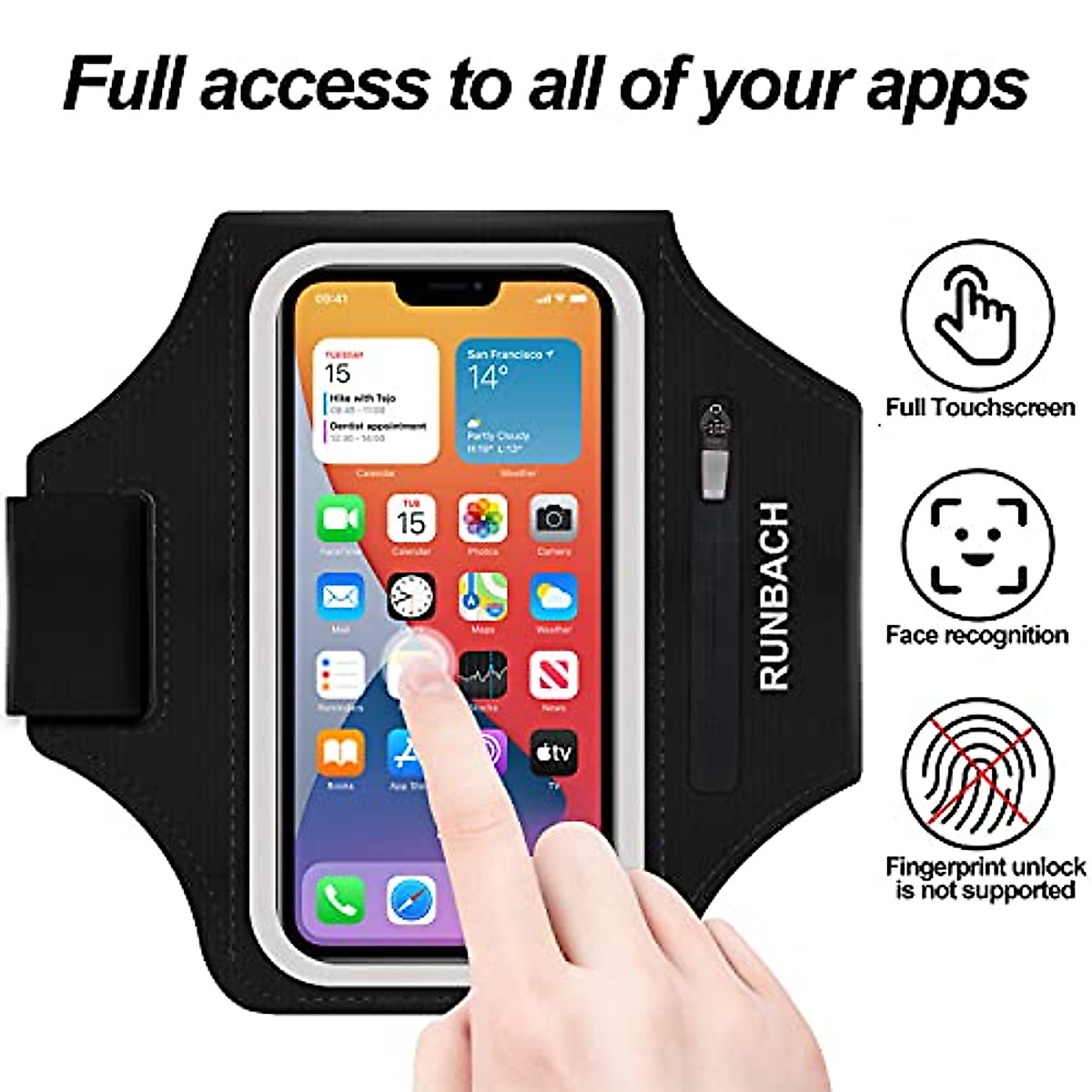 RUNBACH Armband for iPhone 15 Pro Max/15 Plus/iPhone 14 Pro Max/14 Plus/13,12,11 Pro Max/XS Max/iPhone 8/7 /6 Plus,Water Resistant Sport Armband with Zipper Slot for Airpods and Keys (Black)