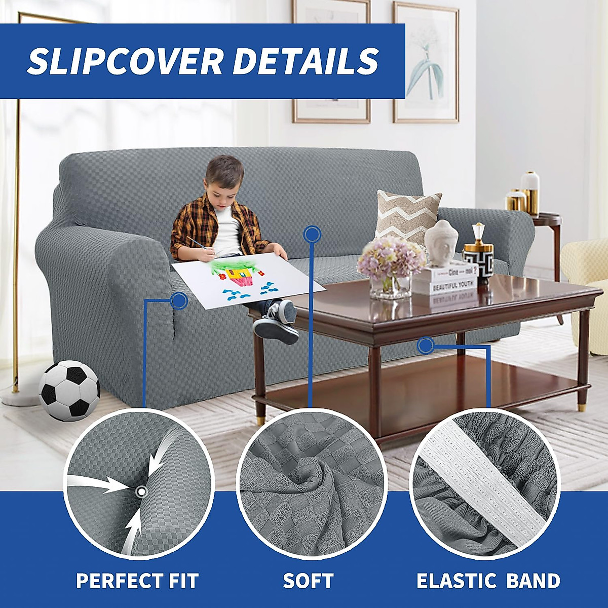 YEMYHOM Couch Cover Latest Jacquard Design High Stretch Sofa Covers for 2 Cushion Couch, Pet Dog Cat Proof Loveseat Slipcover Non Slip Magic Elastic Furniture Protector (Loveseat, Light Gray)