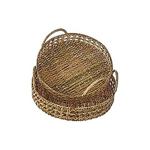 First of a Kind Rattan Tray with Handles - Natural Wicker Round Decorative Tray - Serving Trays for Fruit, Bread, Coffee Table & Home Decor - Hand Woven Rattan Basket (Set of 2-20 Inch)