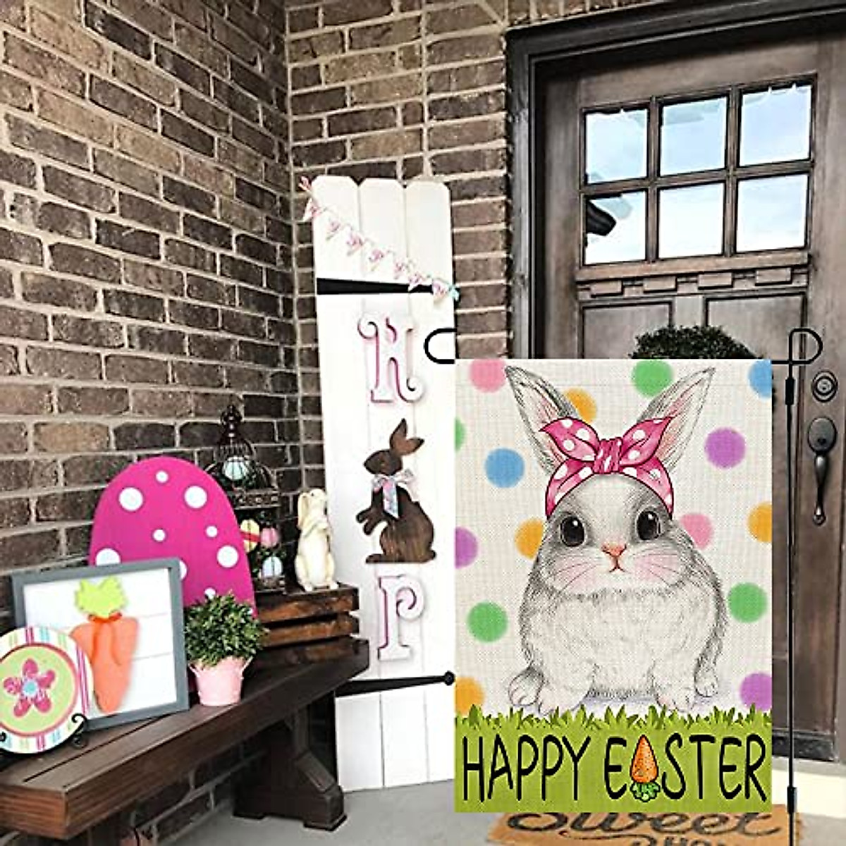 CROWNED BEAUTY Happy Easter Bunny Garden Flag 12x18 Inch Double Sided for Outside Burlap Small Polka Dots Yard Holiday Decoration CF705-12