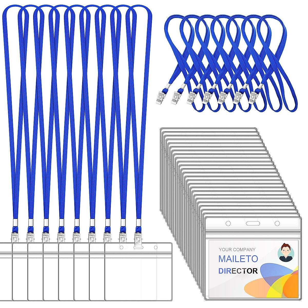 100Pcs Lanyards for Id Badges and 100 Pcs Clear Plastic Horizontal Name Badge ID Card Holders, Flat Neck Lanyards with Clip Waterproof Resealable Name Tag Badge ID Card Holders, Blue