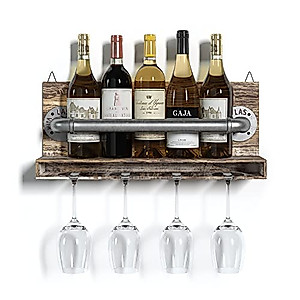 Barnyard Designs Wall Mounted Wine Rack - Bottle and Glass Holder - Hanging Wood and Metal Wine Rack Wall Mount for Bar and Kitchen Decor, 20.5" x 8.75"