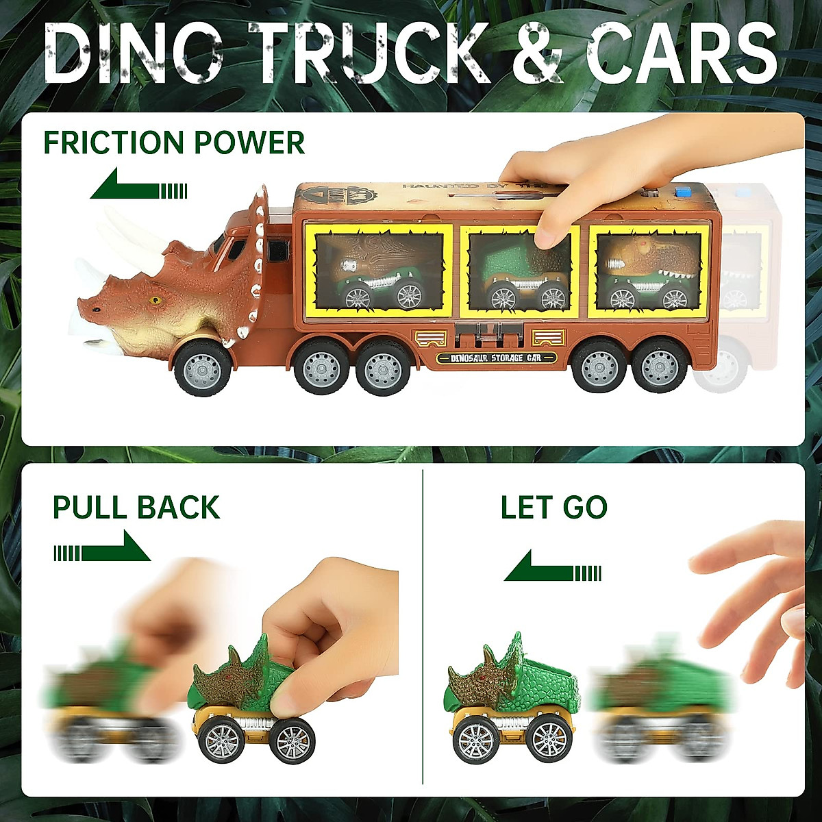 Smadool Dinosaur Toy Truck for Kids, Dinosaur Transport Truck Toy with Sounds Lights Pull Back Car Toys Dinosaur Toys Car for Kids 3-5 with Track Launcher Dinosaur Scene Kids Toys for Boy Girl