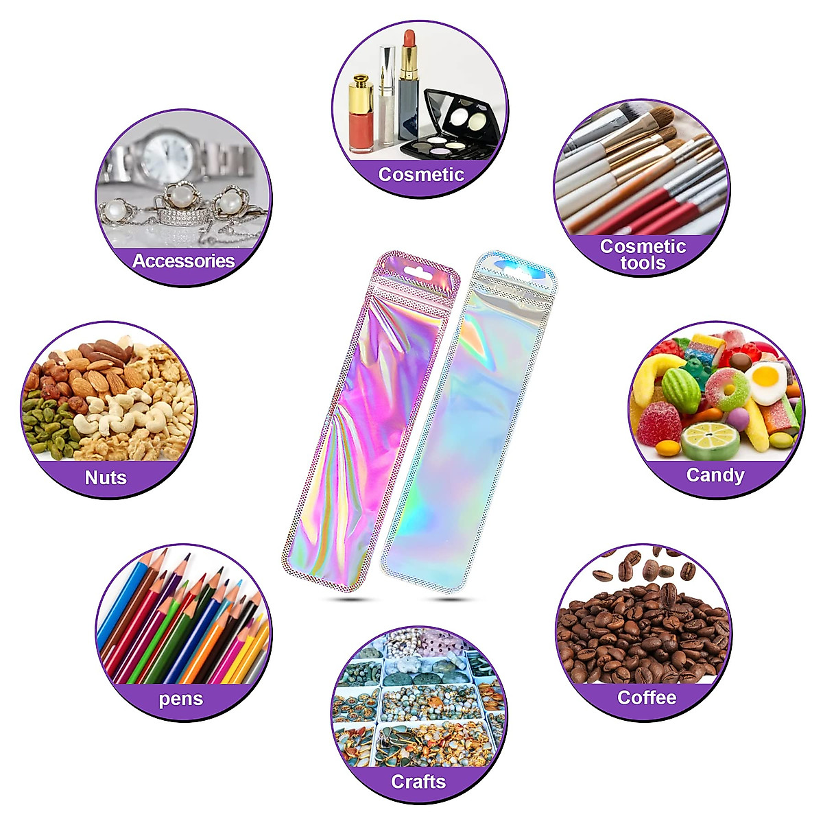 100 PCS Resealable Holographic Bags, Holographic Rose ziplock Packaging Storage Bag for Jewelry, Lip Gloss, sticker, lash, Candy, Snack, 2.56x9.44"