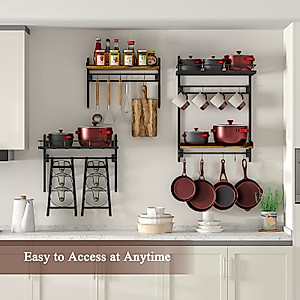 Zitaloken Hanging Pots and Pans Organizer, 2 Packs Adjustable Kitchen Shelves Wall Mounted, Pot Lid Holder Cookware & Cutting Board Storage Rack with 18 Hooks,Matte Black