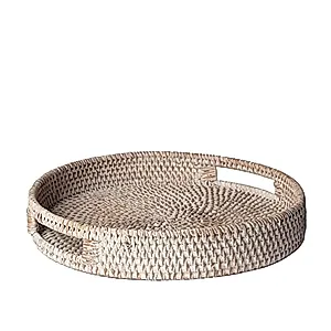 Porto Boutique Round Rattan Serving Tray - Modern Woven Tray w/Handles for Dining Table, Livingroom, Patio Decor - Stylish Rattan Tray for Serving Fruits, Breakfast - Ideal for Coffee Table (Large)