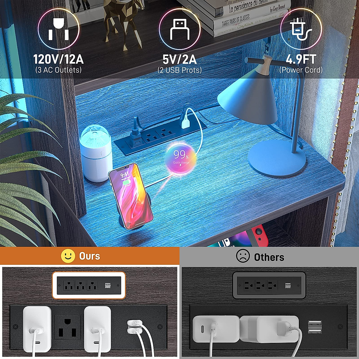 Tall Nightstand with Charging Station and LED Lights - 47" Tall Bedside Table with Adjustable Bookshelf, Industrial End Table Side Table with Storage Cabinet for Home Office, Grey