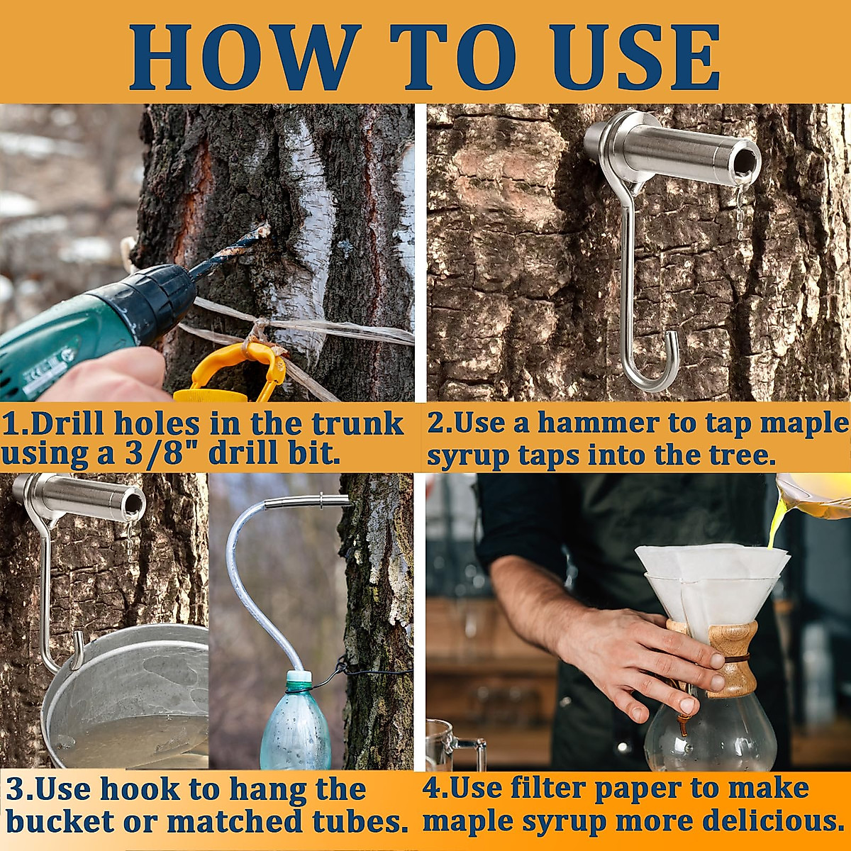 YEOSLL Maple Syrup Tapping Kit - Food-Grade Stainless Steel, PFOA-Free, Includes Maple Syrup Taps, Brush and Filters, 1-Set