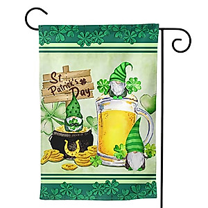 St Patricks Day Garden Flag, Lucky Irish Gnomes Shamrocks Welcome Burlap Garden Flags 12x18 Double Sided, Outdoor Small Holiday Garden Decor Flags