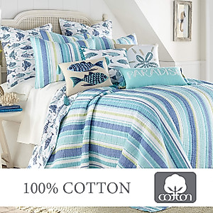 Levtex Home Laida Beach Bedding Set - 3Piece, Blue, Cotton, King Quilt & 2 Shams, Reversible, Coastal Stripe, Tropical Fish