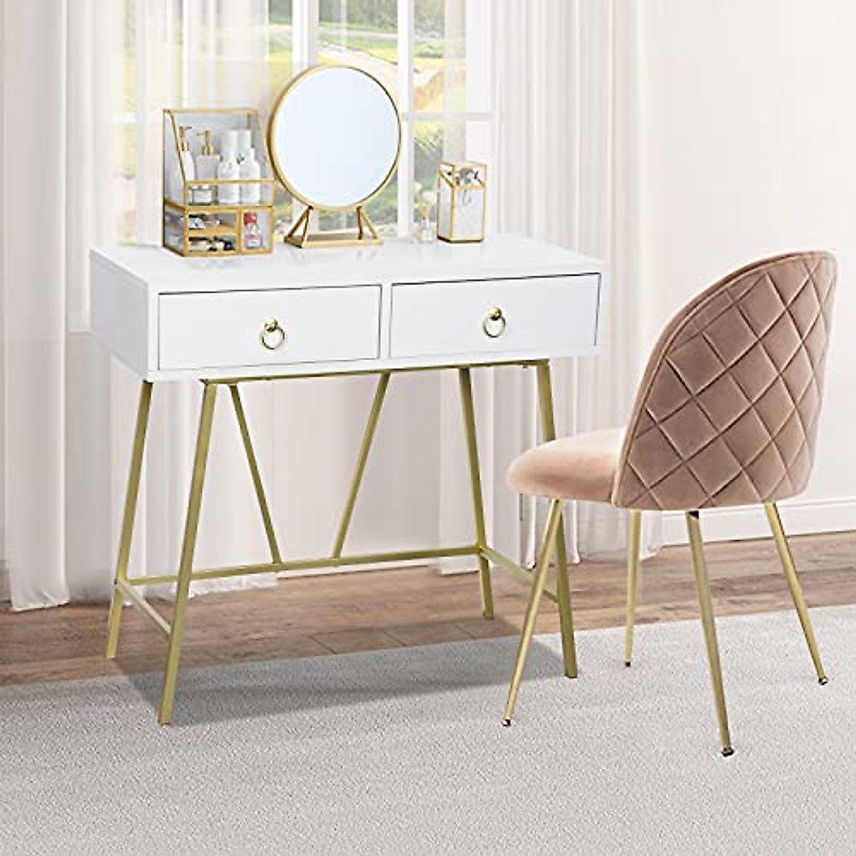Anmytek Modern Home Office Desk, 35.4 Inch Makeup Vanity Table White Study Desk 2 Drawers Writing Desk Computer Desk with Golden Legs, D0002