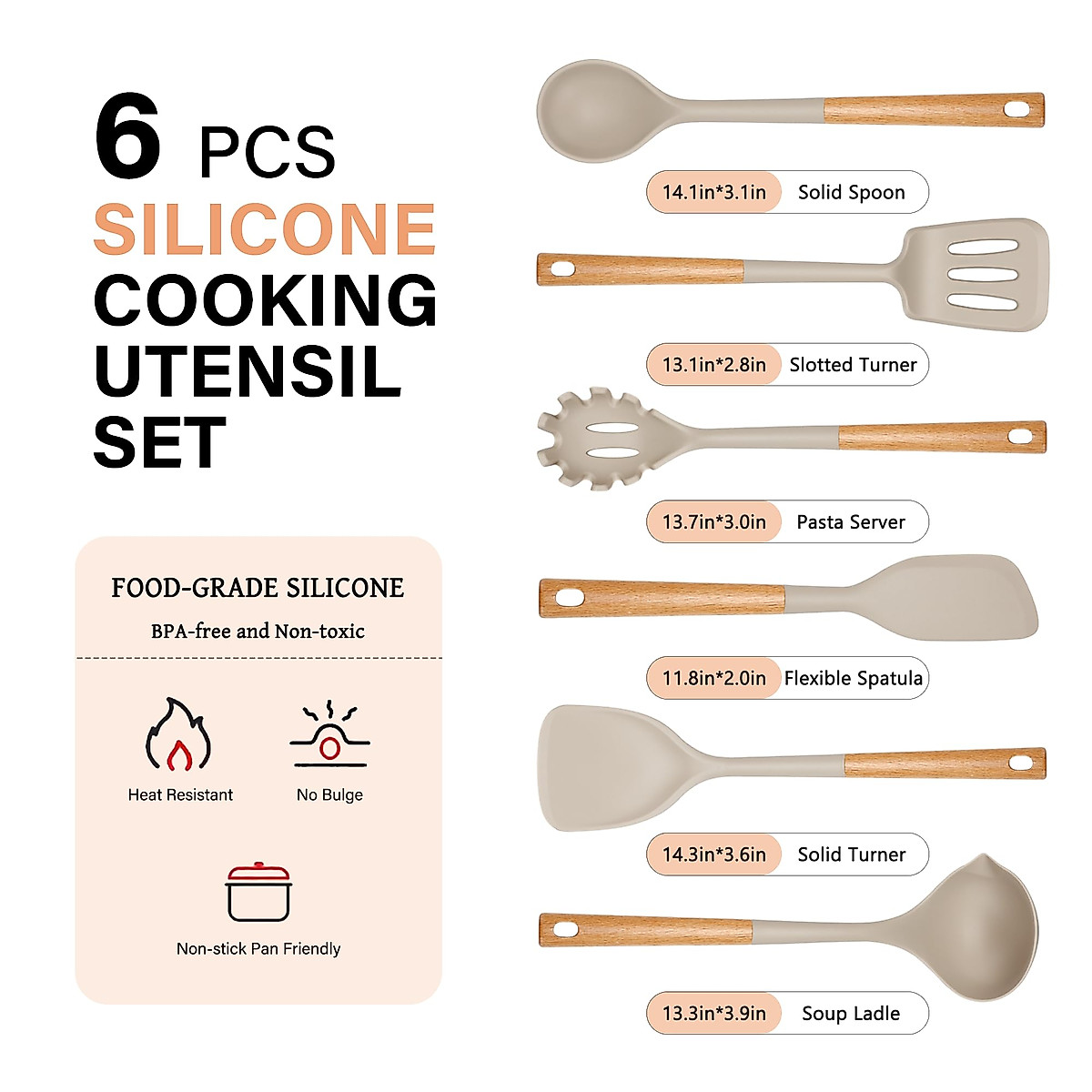 Hvygss Silicone Cooking Utensils Set, Heat Resistance Kitchen Utensils Set with Long Wooden Handle, BPA-free Large Silicone Spatula, Kitchen Tools for Non Stick Frying Pans and Pots, 6 Pcs（Khaki）
