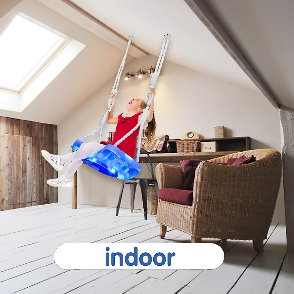 OMNISAFE LED Lighted Swing with Adjustable Rope Plastic Coated Tree Swing for Indoor Outdoor