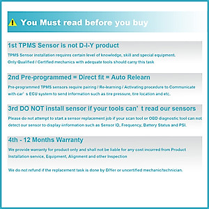 Ensun 68078861AA Tire Pressure Monitoring System (TPMS) Sensor 315MHz (Pack of 4)- Preprogrammed (Still Need re-Learn)