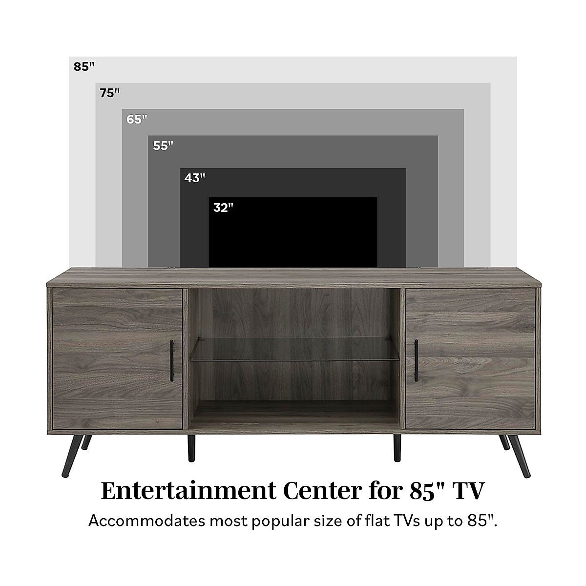 Walker Edison Saxon Mid Century Modern Glass Shelf TV Stand for TVs up to 65 Inches, 60 Inch, Slate Grey