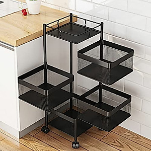4-layer Rolling Storage Cart for Fruit Vegetable, Multi-Functional Black Square Rotary Storage Rack with Mesh Baskets & Wheels for Kitchen, Living Room, Office, Bathroom, 26.5 x 26.5 x 80cm
