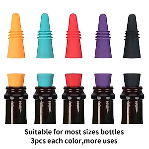 Holobo 15 Pcs Wine and Beverage Bottle Stoppers with Grip Top ,Silicone Wine Stopper Bottle Sealer for Drinks Reusable Wine Saver ,Assorted Colors
