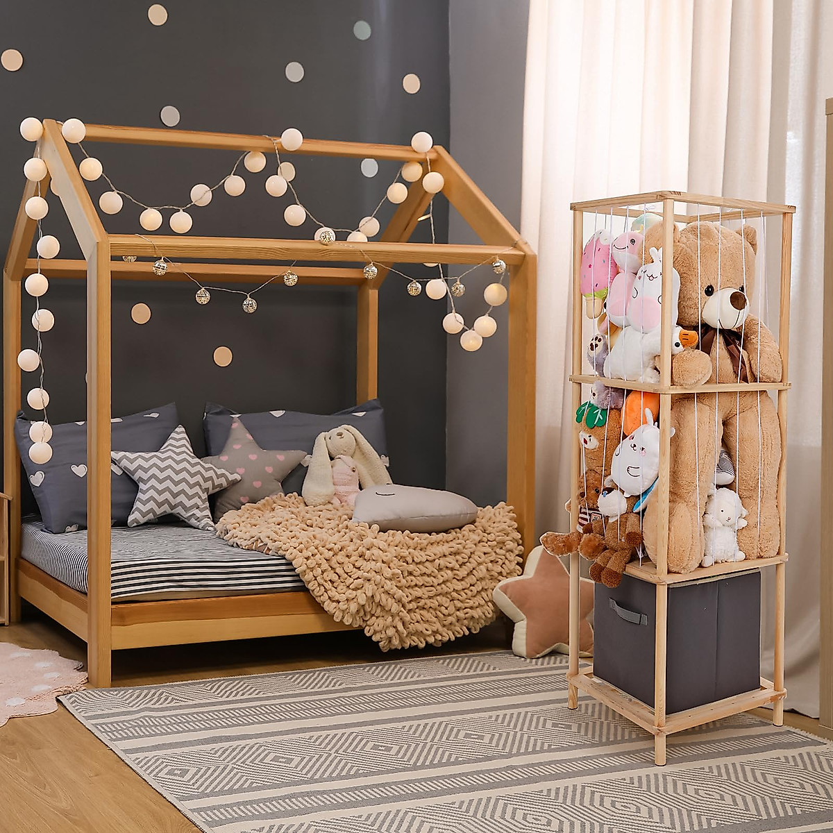 ACEPRUT Wood Stuffed Animal Storage Holder with Storage Basket, Space Save Three Tier Vertical Large Stuffed Animal Zoo Organizer for Playroom Bedroom, Toy Storage Birthday Gifts for Kids