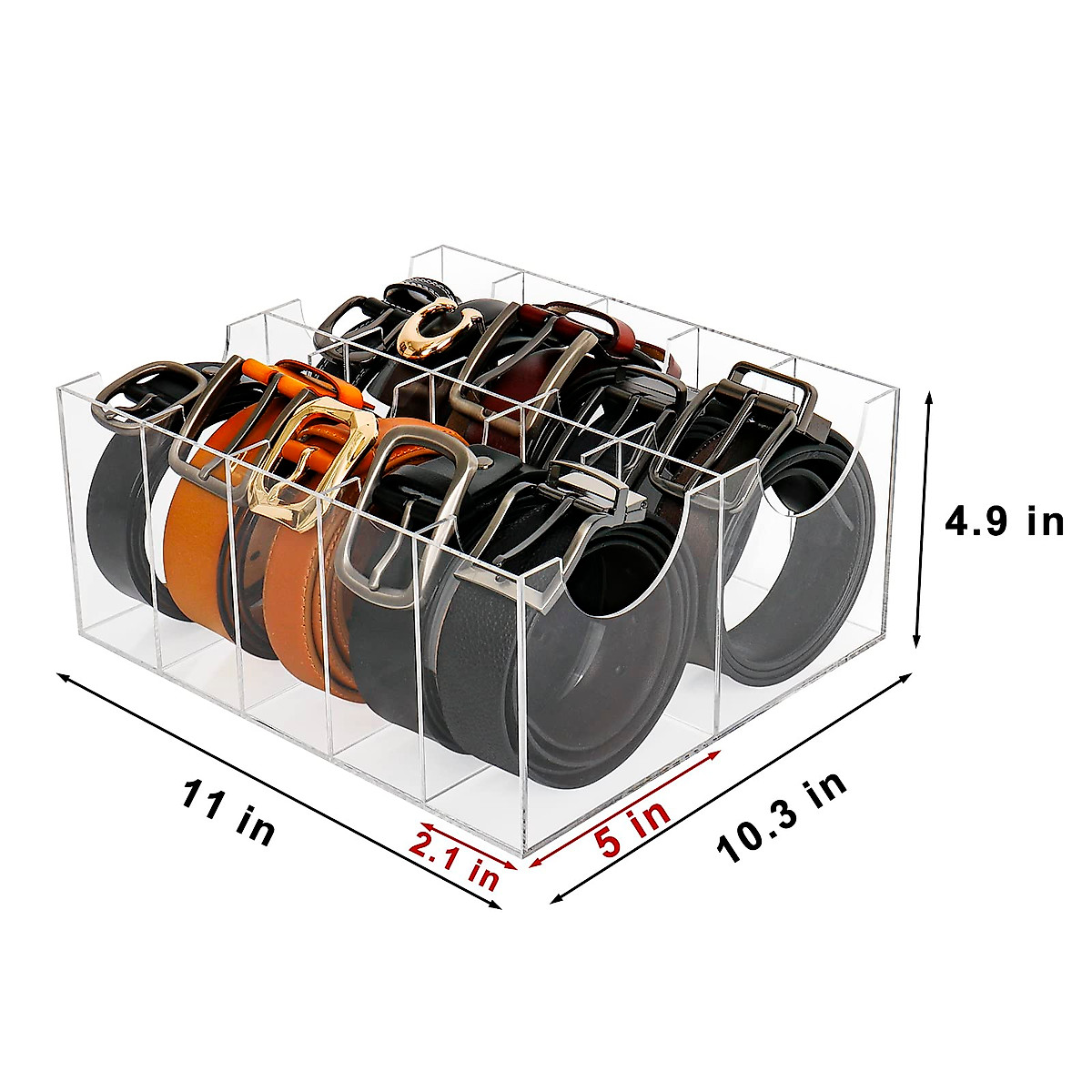 Cutora Belt Organizer, Acrylic Belt Storage Holder for Closet and Drawer, 10 Compartments Belt Container for Checkroom, Clear Belt Divider Display Case