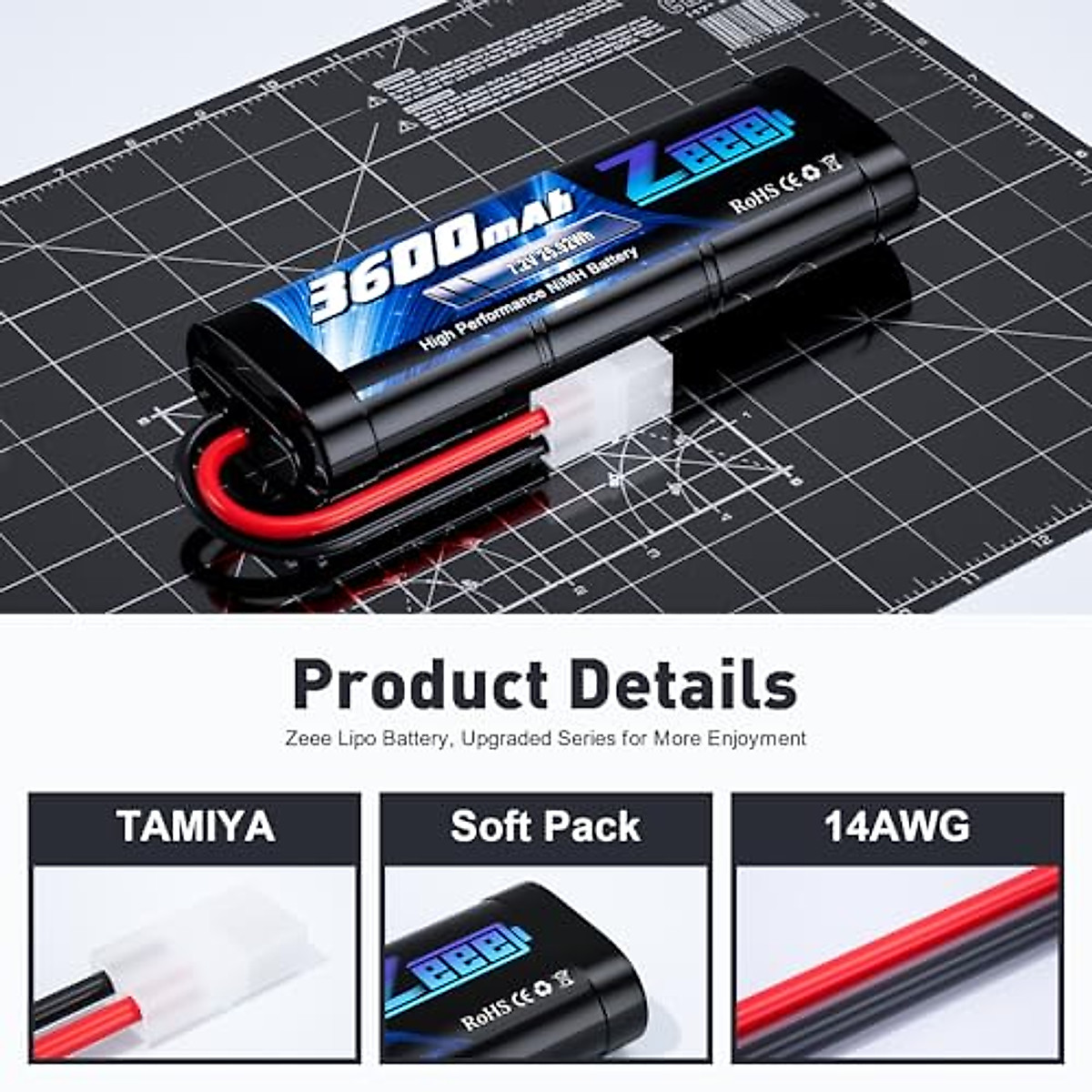 Zeee 7.2V 3600mAh RC NiMH Battery with Tamiya Plug High Power for RC Car RC Truck Associated HPI Losi Kyosho Tamiya Hobby(2 Pack)
