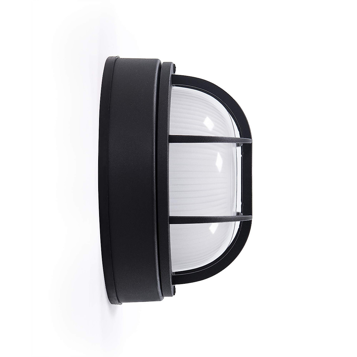 CORAMDEO Outdoor 8” Round LED Nautical Bulkhead Light, Flush Mount for Wall or Ceiling, Wet Location, 75W of Light, 900 Lumens, 3K, Black Cast Aluminum with Frosted Glass Lens