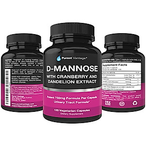 D Mannose Capsules with 600mg D-Mannose Powder Per Cap - with Added Cranberry and Dandelion Extract to Aid in Bladder, Urinary Tract and UTI Support - 120 Veggie Caps