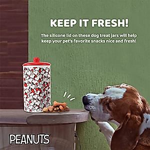 Peanuts for Pets Snoopy Dog Treat Jar | 10 x 5 Snoopy Repeating Pattern Ceramic Dog Treat Jar with Lid, Dishwasher Safe Red and White Dog Food Storage Cylinder, (FF17834)