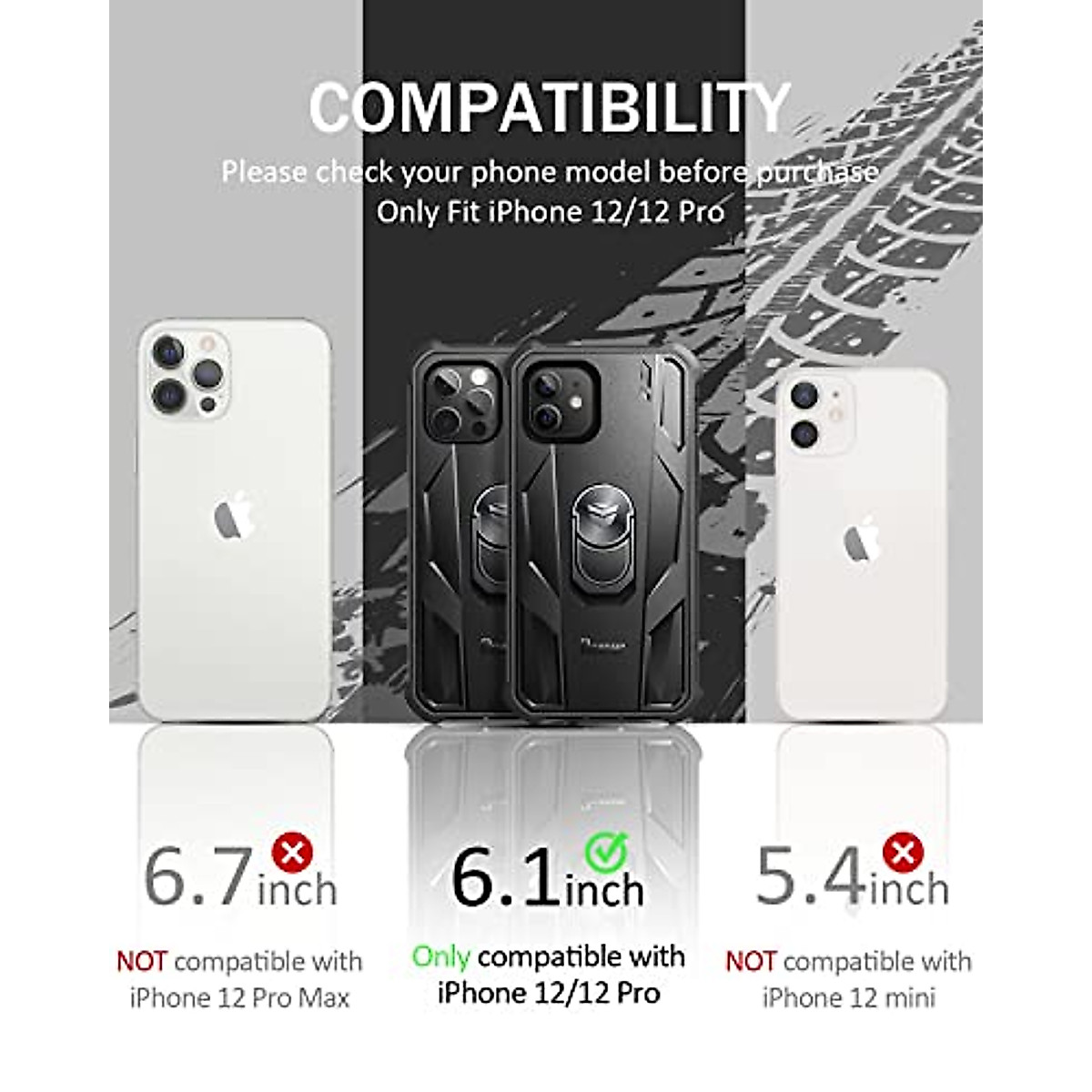 Dexnor Rugged Full Body Case for iPhone 12/12 Pro (6.1 inches) with Screen Protector & Ring Kickstand Car Mount, Slim Shockproof Protective Bumper Cover with Anti Dust Plugs (Black)