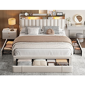EnHomee Queen Bed Frame with Headboard and 3 Large Drawers, Upholstered Platform Bed Frame Queen Size with Storage, Queen Size Bed Frame with Headboard, Sturdy, No Box Spring Needed, No-Noise, Beige