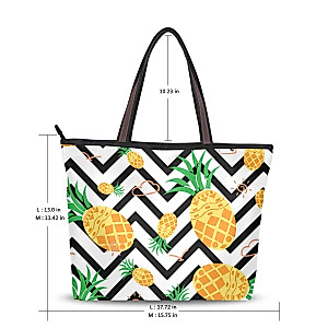 Pineapple Chevron Summer Tropical Large Tote Bags Women Summer Handbags with Zipper Shopper Bag for Mother Day Christmas Gifts for Mom