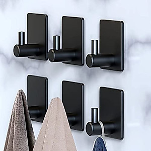VAEHOLD Black Adhesive Hooks 6 Pack, Heavy Duty Wall Hooks Aluminum Hooks for Hanging Coat, Hat, Towel, Robe, Key, Clothes, Towel Hook Wall Mount for Home, Office, Kitchen, Bathroom(6, Black)