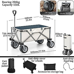 YJSG Collapsible Folding Wagon Garden Cart,White Garden Carts,Beach Wagon Grocery Wagon Wagon Sports Utility Off-Road Wheels with Brakes Wagon Cart 200Kg Load Camping Cart
