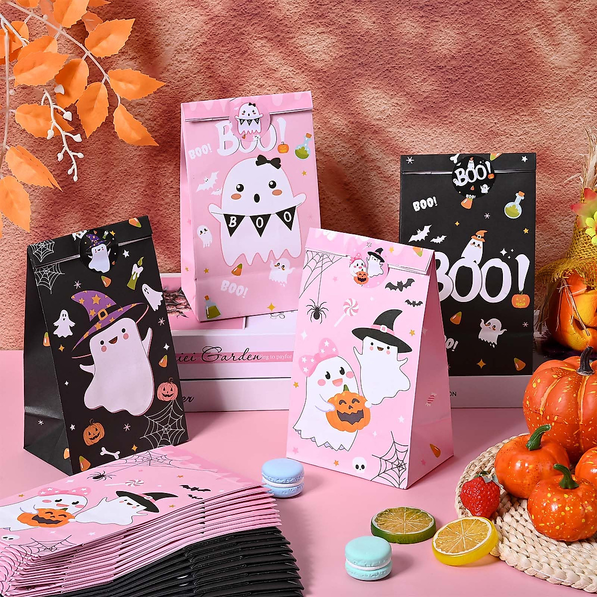 24Pcs Halloween Paper Treat Bags Pink Black Boo Ghost Pumpkin Candy Goodie Bags with Stickers for Halloween Trick or Treat Party Favors Baby Shower Supplies