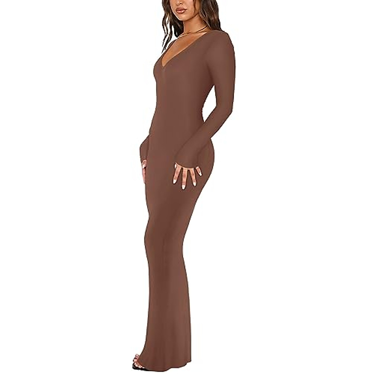 REORIA Women's Sexy Soft Lounge Ribbed Long Dress Fall Elegant Formal Wedding Guest Long Sleeve Deep V Neck Bodycon Maxi Dresses Coffee Small