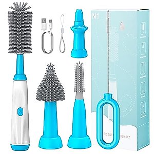 ZRFMIB Electric Bottle Brush Set with Baby Bottle Brush, 2 Nipple Brush, Straw Brush and Extension Handle, Rechargeable Bottle Brush Cleaner, for New Baby Family,Blue