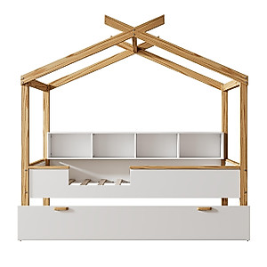 Goohome Kids House Bed with Storage Shelves, Full Size Montessori Bed with Bookcase, Roof Design Wooden Cabin Bed Frame with Twin Size Trundle for Girls Boys Teens, Saving Space