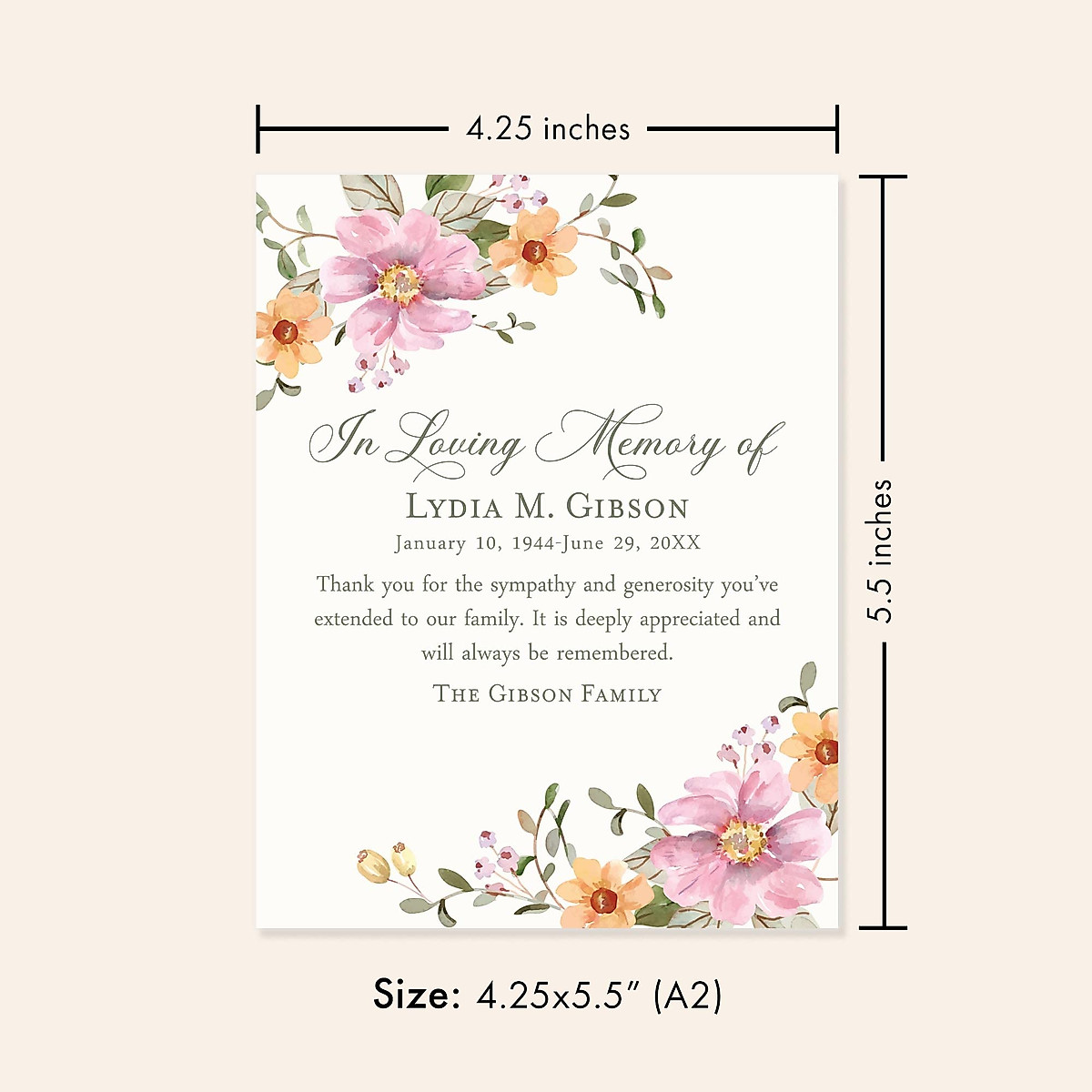 Hello Love Goods Soft Pink and Orange Floral Sympathy Thank You Cards, 4.25x5.5 Flat Personalized Funeral Thank You Cards with Envelopes