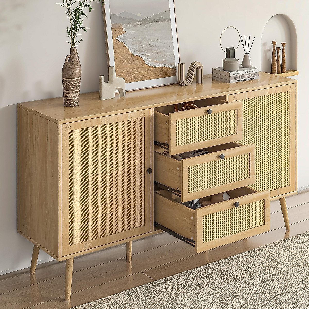 Rattan Sideboard Buffets Cabinet Farmhouse Boho Buffet Sideboard with 3 Drawers and 2 Doors Storage Cabinet Adjustable Shelves Console Table Cupboard Accent Cabinet for Living Room Kitchen