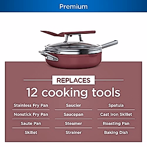 Ninja CW102RD Foodi NeverStick PossiblePan, Premium Set with 4-Quart Capacity Pan, Steamer/Strainer Basket, Glass Lid & Integrated Spatula, Nonstick, Durable & Oven Safe to 500°F, Cherry Tart