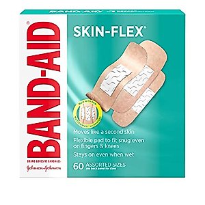 Band-Aid Brand Skin-Flex Adhesive Bandages for First Aid & Wound Care of Minor Cuts, Scrapes & Burns, Flexible Sterile Bandages Great for Fingers, Hands & Knees, Assorted Sizes, 60 ct