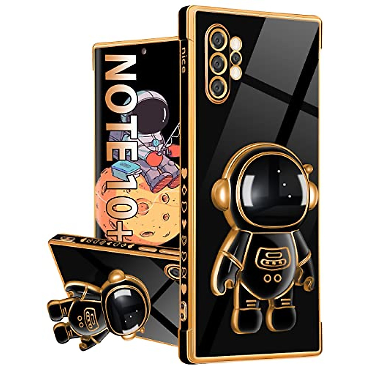 Buleens for Samsung Galaxy Note 10 Plus Case with Astronaut Stand, Girls Women Galaxy Note 10 Plus Phone Cases, Girly Cute 6D Spaceman Heart Pattern Cover for Note 10 Plus 6.8 Inch Black