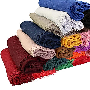 XRDSS Summer Cotton Blend Crinkle Vintage Soft Scarf with Fringed Edges 35" × 70" (Red)