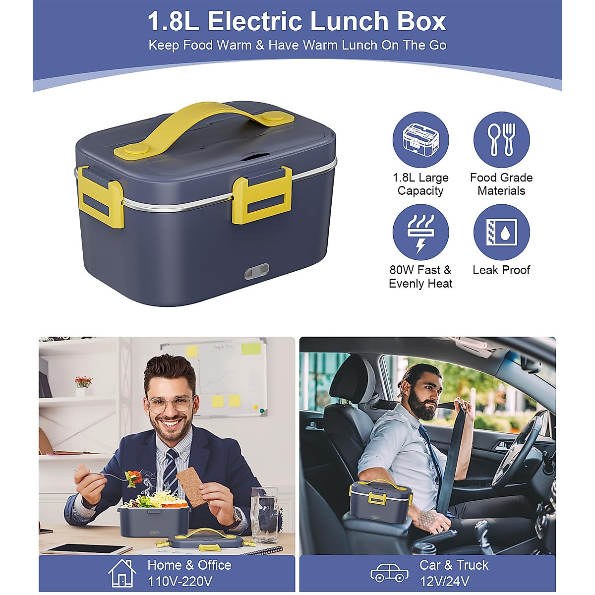 Dicorain Electric Lunch Box, 80w 1.8L Heated Lunch Box for Truck/Car/Office/Home/Work, 12/24/110v 3 In 1 Portable Food Warmer Lunch Box with Removable SS Container, Fork & Spoon (Dark Blue)