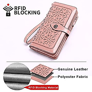 HUANLANG Women Wallets Large Ladies Leather Wallet with Coin Pocket RFID Wallet Organizer for Women with Wrist Strap (Pink)