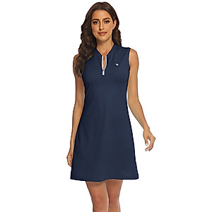 BGOWATU Women's Tennis Dress Sleeveless Golf Polo Dress Lightweight Sports Activewear Dress Zip Up Navy M