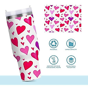 RPLIFE Watercolor Hearts White 40 Oz Tumbler with Handle, Stainless Steel Tumbler with Straw, Coffee Tumbler