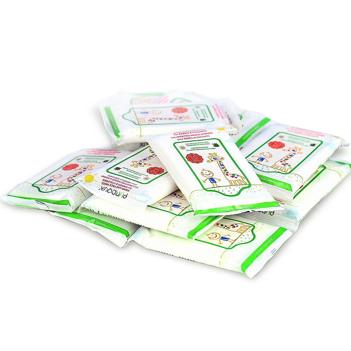 PÜRDOUX™ 100% Cotton Wipes for Babies and Children with Aloe Vera and Chamomile (Box of total 120 wet wipes in 12 resealable sachets, 10 wipes per sachet) (1 box (120 wipes,12 sachet/box,10 wipes/sachet))