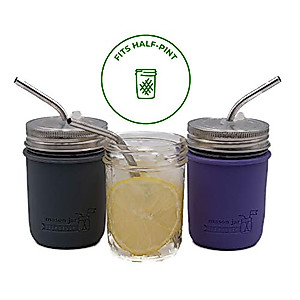 Short Thin Bent Stainless Steel Straws for Cocktail Glasses, Small Cups, or Half Pint Mason Jars (4 Pack + Cleaning Brush + Cloth Bag)