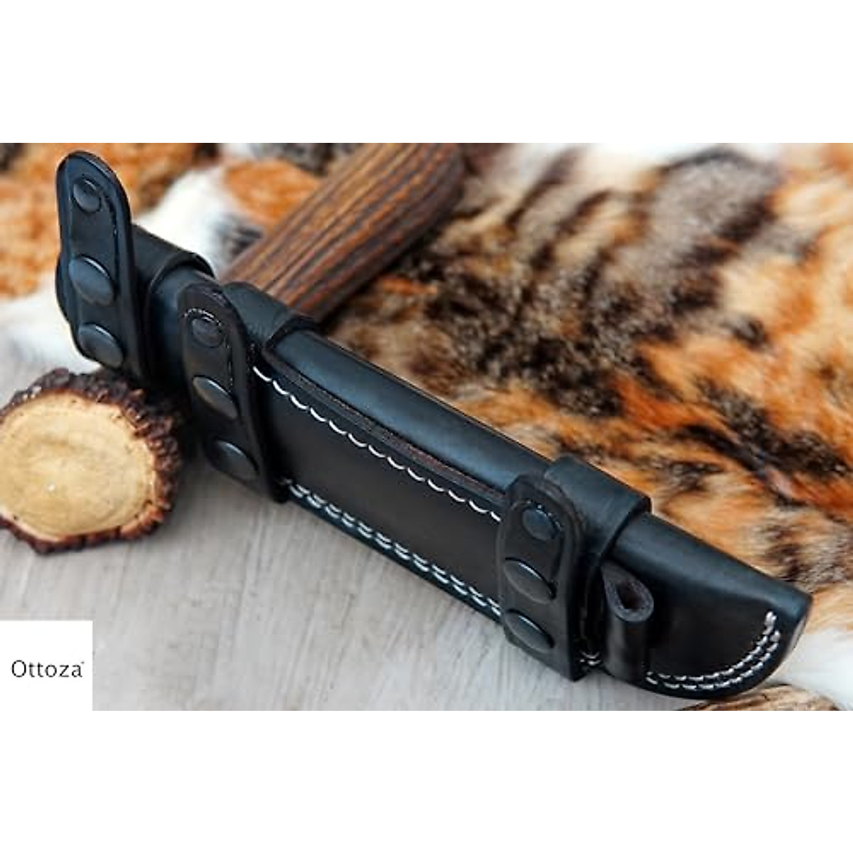 Ottoza Handmade Leather Knife Sheath LEFT HAND Bushcraft Knife Sheath - Hunting Knife Sheath - Survival Knife Sheath - Fixed Blade Knife Sheath Horizontal Carry Black TOP GRAIN LEATHER No:40